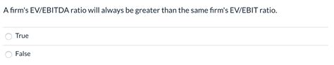 Solved A Firm S EV EBITDA Ratio Will Always Be Greater Than Chegg