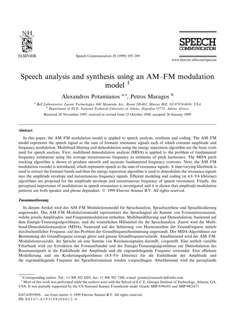 pdf speech analysis and synthesis using an am fm modulation model