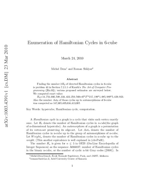 Pdf Enumeration Of Hamiltonian Cycles In 6 Cube