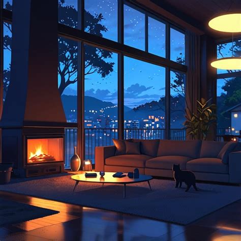 A Living Room With A Fire Place And A Fireplace With A Cat On It Premium Ai Generated Vector