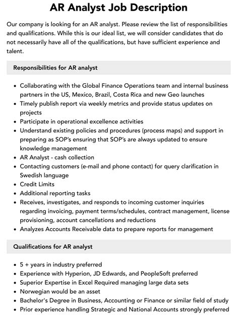 Ar Analyst Job Description Velvet Jobs