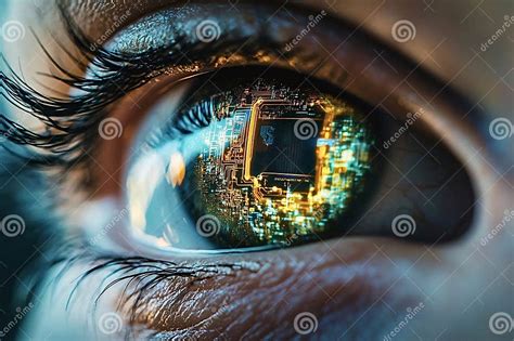 Human Eye Reflecting Futuristic Circuit Board Technology Stock Image