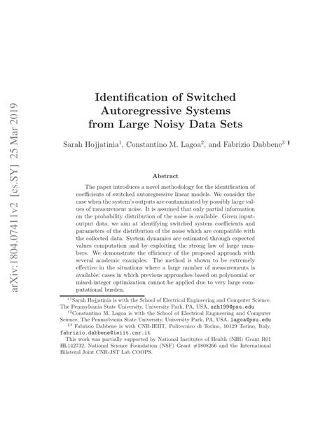 Pdf Identification Of Switched Arx Systems From Large Noisy Data Sets