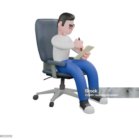 전문 비디오 편집 3d 만화 모델 남성 영상 편집자가 양손에 종이와 펜 여러 장을 들고 앉아 글을 쓰는 듯한 표정을 짓고 있다 프로페셔널 모델 3차원 형태에 대한 스톡 사진