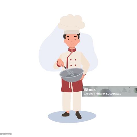 앞치마와 믹싱 볼을 가진 귀여운 작은 요리사 플랫 벡터 만화 그림 가정 주방에 대한 스톡 벡터 아트 및 기타 이미지 가정 주방 가정의 방 귀여운 Istock