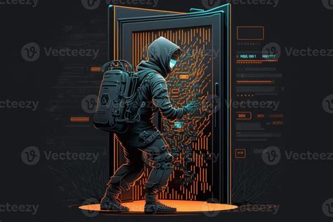 Illustration Of A Hacker Attempting To Break Into A Digital System But Being Stopped By Warning