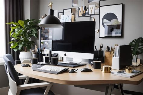 stylish workspace with computer on home premium ai generated image