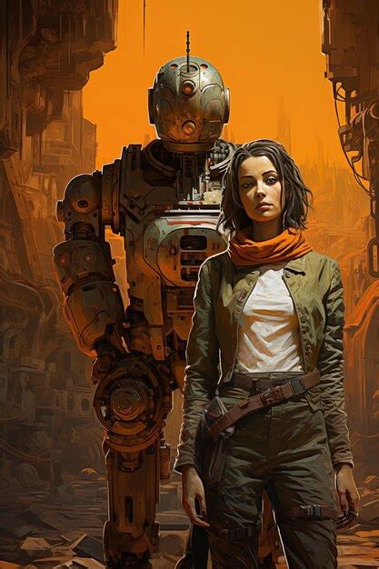 Premium Photo A Woman In A Green Jacket And A Robot In Front Of A Building