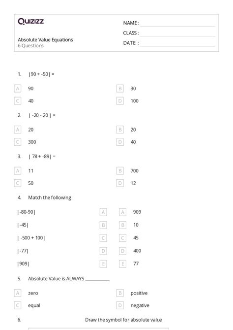 50 absolute value worksheets for 3rd class on quizizz free and printable