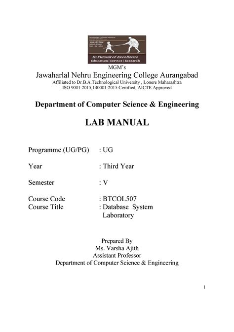 Dbms Lab Manual Cse Mscas Staff Notes Mgms Jawaharlal Nehru