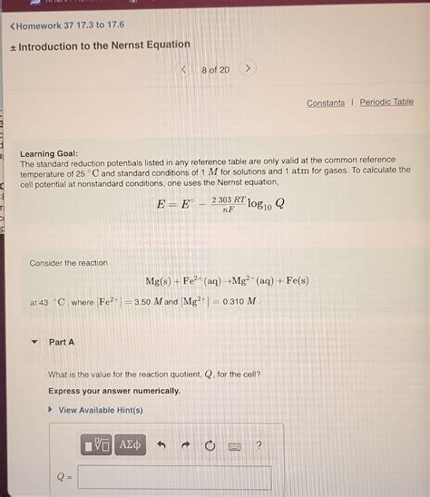 Solved ± Introduction To The Nernst Equation Constants I