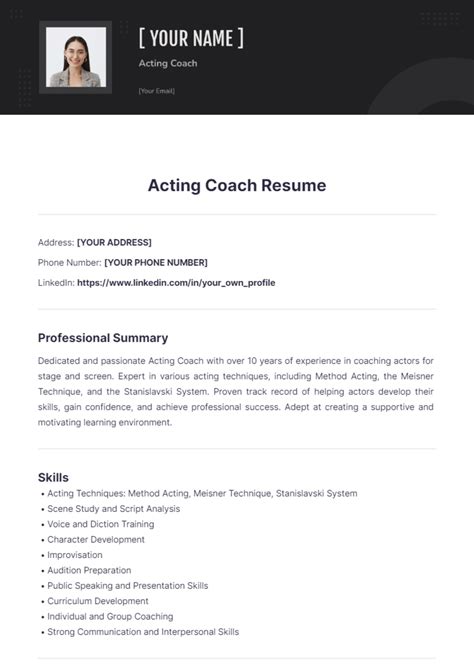 Free Acting Coach Resume Template To Edit Online