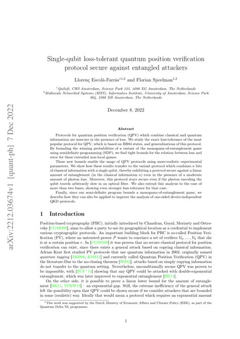 Pdf Single Qubit Loss Tolerant Quantum Position Verification Protocol Secure Against Entangled
