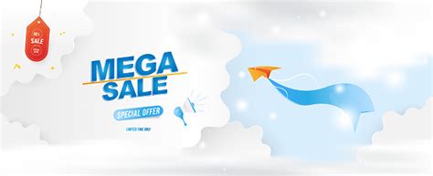 웹 페이지에 대 한 배너입니다 메가 세일을 제공 하는 특별 한 50 잘라 종이 빛나는 빛 구름의 배경에 리본으로 비행기 스피커와 레이블 개념입니다 개념에 대한 스톡 벡터