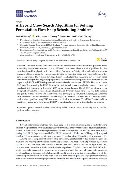 Pdf A Hybrid Crow Search Algorithm For Solving Permutation Flow Shop
