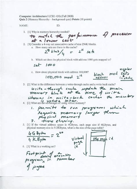 Memory Hierarchy Sample Quiz 2 With Solution Key Cse 420 Docsity