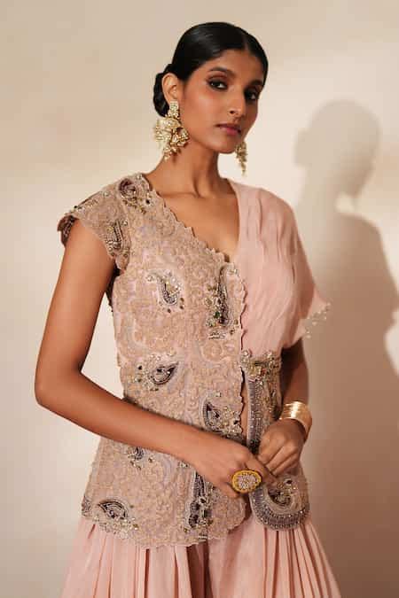 Buy Pink Silk Organza Embroidery Gemstones Gota Bindiya Jacket And Sharara Set For Women By