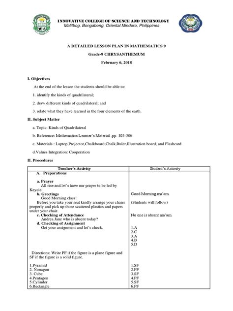 Lesson Plan In Mathematics 9 Pdf Rectangle Elementary Geometry