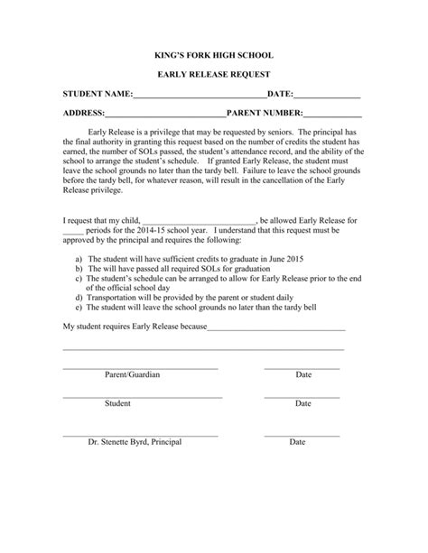 Early Release Request Form 2014 15