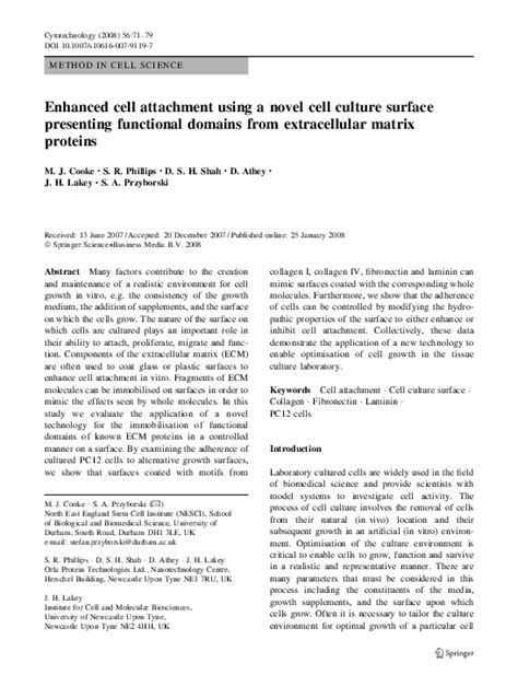 Pdf Enhanced Cell Attachment Using A Novel Cell Culture Surface Presenting Functional Domains