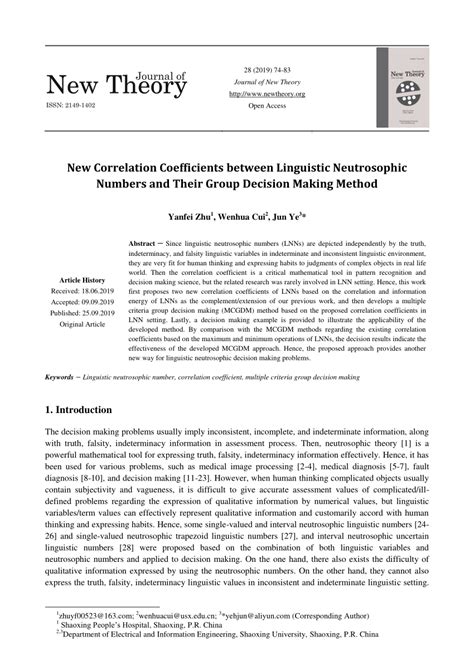 Pdf New Correlation Coefficients Between Linguistic Neutrosophic