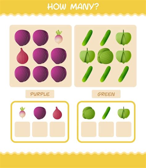 얼마나 많은 만화 야채 계산 게임 취학 전 아동 및 유아를 위한 교육 게임 프리미엄 벡터