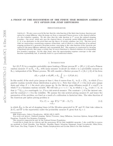 Pdf A Proof Of The Smoothness Of The Finite Time Horizon American Put