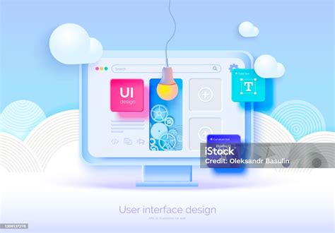 웹 디자인 소프트웨어 작성자를 위한 사용자 인터페이스 요소가 있는 모형 3d 모니터입니다 사용자 인터페이스 사용자 환경 디자인