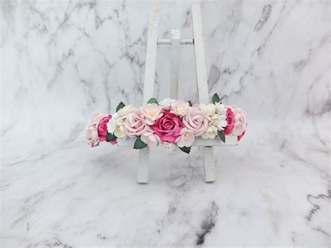 Light Pink Fushia Flower Crown Floral Headpiece Fall Wedding Hair Garland Effortless Bridal