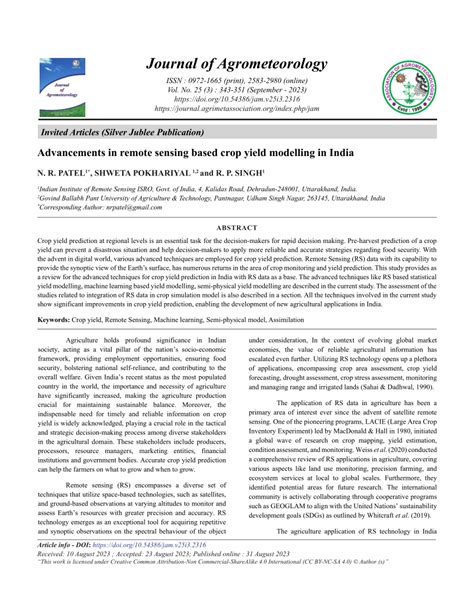Pdf Advancements In Remote Sensing Based Crop Yield Modelling In India