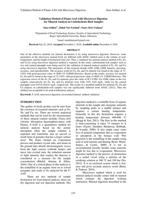 Pdf Validation Method Of Flame Aas With Microwave Digestion For Mineral Analysis In