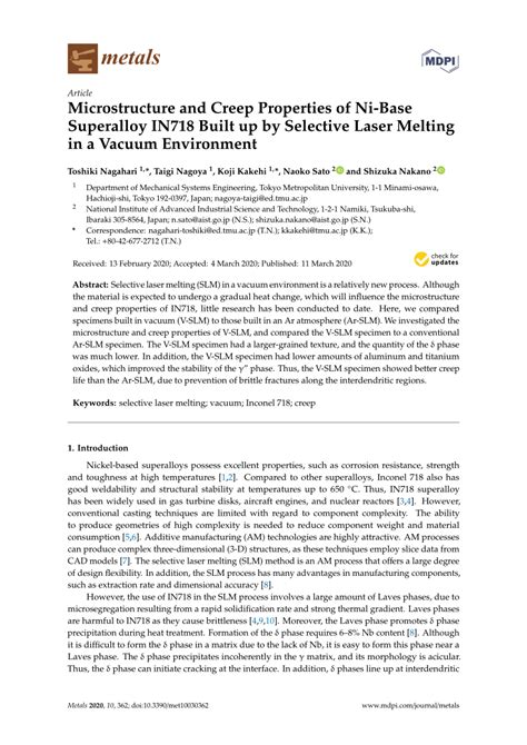 Pdf Microstructure And Creep Properties Of Ni Base Superalloy In718 Built Up By Selective