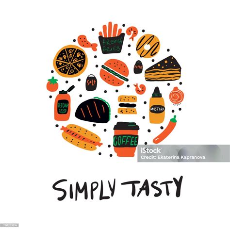 손으로 그린 벡터 일러스트 레이 션의 패스트 푸드 서클 구성 단순히 맛 있는 슬로건 샌드위치 음식에 대한 스톡 벡터 아트 및 기타 이미지 샌드위치 음식 패스트 푸드점