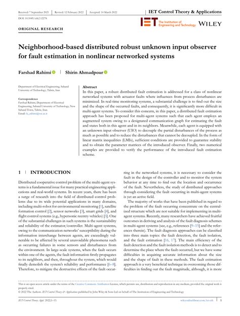 Pdf Neighborhood‐based Distributed Robust Unknown Input Observer For Fault Estimation In