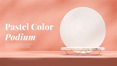 분홍색 연어 공간 3d 렌더링 모형 가로 레이아웃에 흰색 원 배경이 있는 대리석 연단 프리미엄 Psd 파일