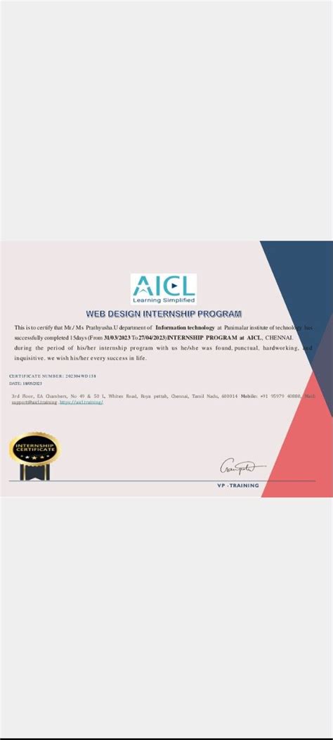 Prathyusha Udayakumar On Linkedin Im Glad To Share My Internship Certificate From Aict