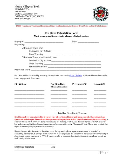 Fillable Online Per Diem Calculation Form For Business Travel 2020 Fax