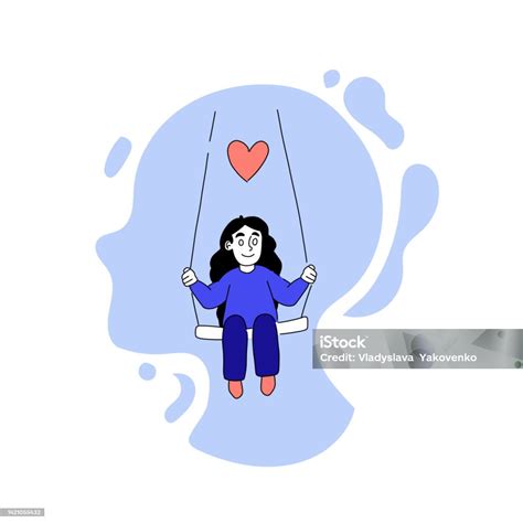 벡터는 스윙에 소녀의 그림을 그렸다 심장 여자 시소 평온함 정신 건강 자연과의 단결 명상 심리 치료 장애 마음 챙김 개념 블루와 핑크 파스텔 색상 감사에 대한 스톡 벡터