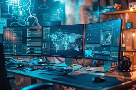 Advanced Monitoring Setup With Multiple Screens Displaying Global Data