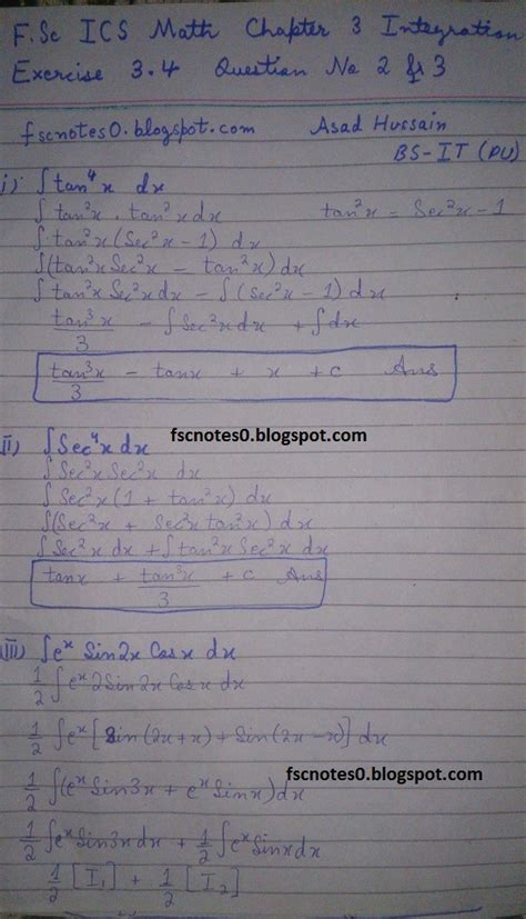 fsc ics notes math part 2 chapter 3 integration exercise 3 4 question 2 and 3