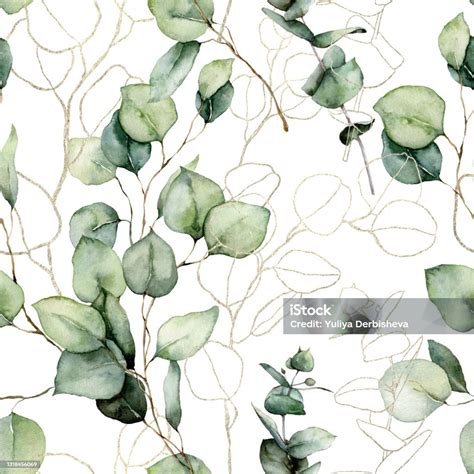 금 유칼립투스 가지 씨앗 및 선형 잎의 수채화 원활한 패턴 흰색 배경에 고립 된 손으로 그린 열대 식물 디자인 프린트 패브릭 배경에 대한 플로럴 일러스트레이션 금 금속에