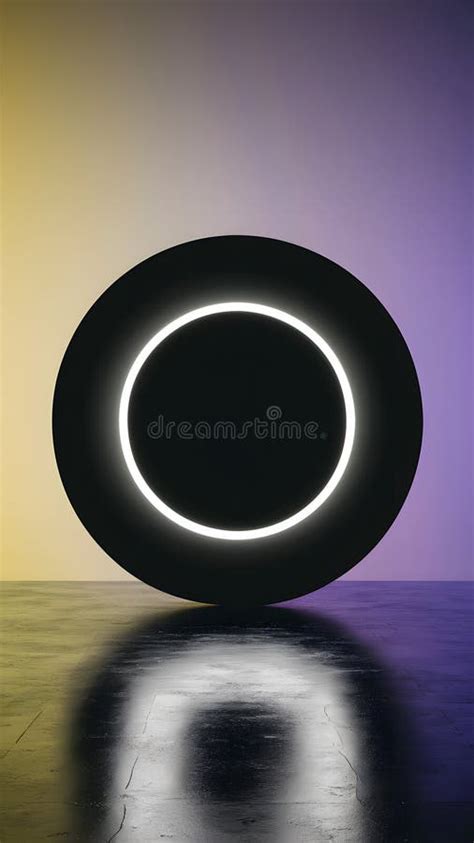 Dark Circular Object Emits Soft Glow On Gradient Backdrop Reflective Floor Stock Illustration