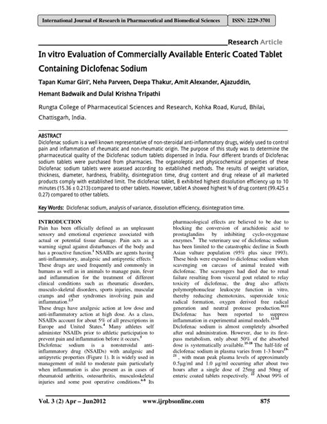 Pdf In Vitro Evaluation Of Commercially Available Enteric Coated Tablet Containing Diclofenac