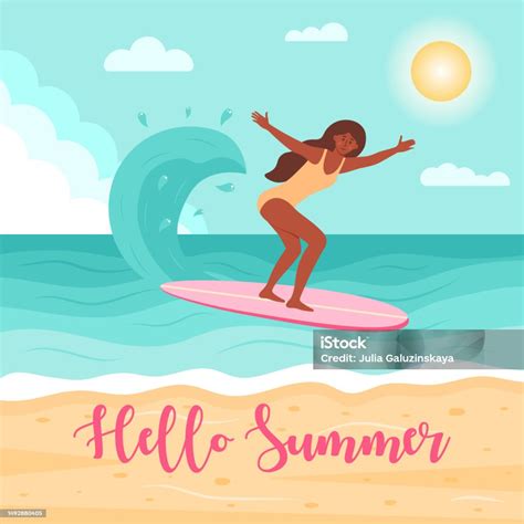 바다에서 서핑보드를 타고 수영복을 입은 아프리카계 미국인 여성 여름 바다 풍경 활동적인 스포츠 파도 타기 휴가 개념 안녕하세요 여름 텍스트입니다 플랫 만화 벡터 그림입니다