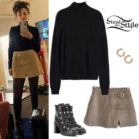 Selena Gomez Black Turtleneck Suede Skirt Fashnfly