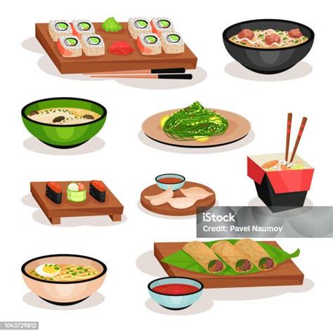 ชุดเวกเตอร์แบนของอาหารเอเชียแสนอร่อย ซูชิซุปปอเปี๊ยะเกี๊ยวต้มและก๋วยเตี๋ยว อาหารโอเรีย ภาพประกอบ