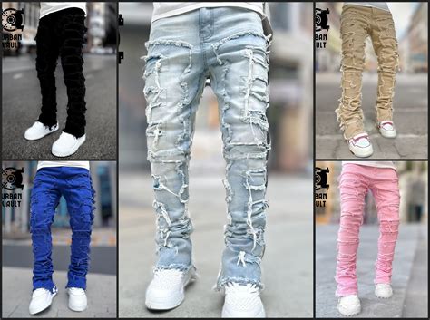 Mens Straight Leg Stacked Ripped Jeans Trendy Denim Pants For Men