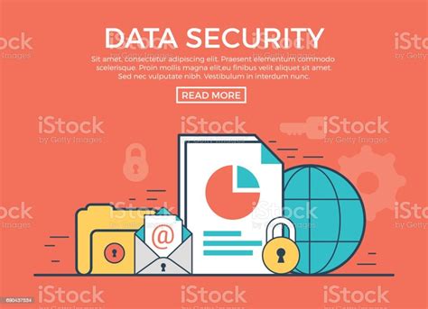 선형 평면 데이터 보안 Infographics 템플릿과 아이콘 웹사이트 영웅 이미지 벡터 일러스트 응용 프로그램 프로그래밍 기술 및 소프트웨어 개념입니다 빨간 배경입니다 0