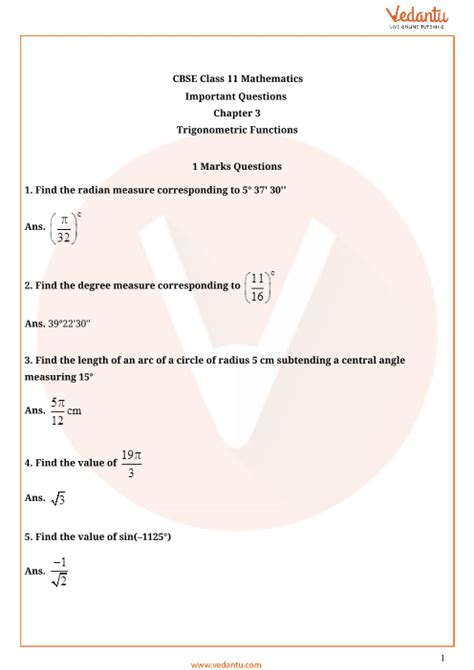 Important Questions For CBSE Class Maths Chapter Trigonometric Functions