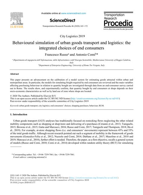 Pdf Behavioural Simulation Of Urban Goods Transport And Logistics
